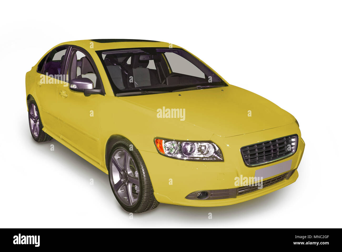 Bright yellow four-door compact hybrid car isolated on a white ...