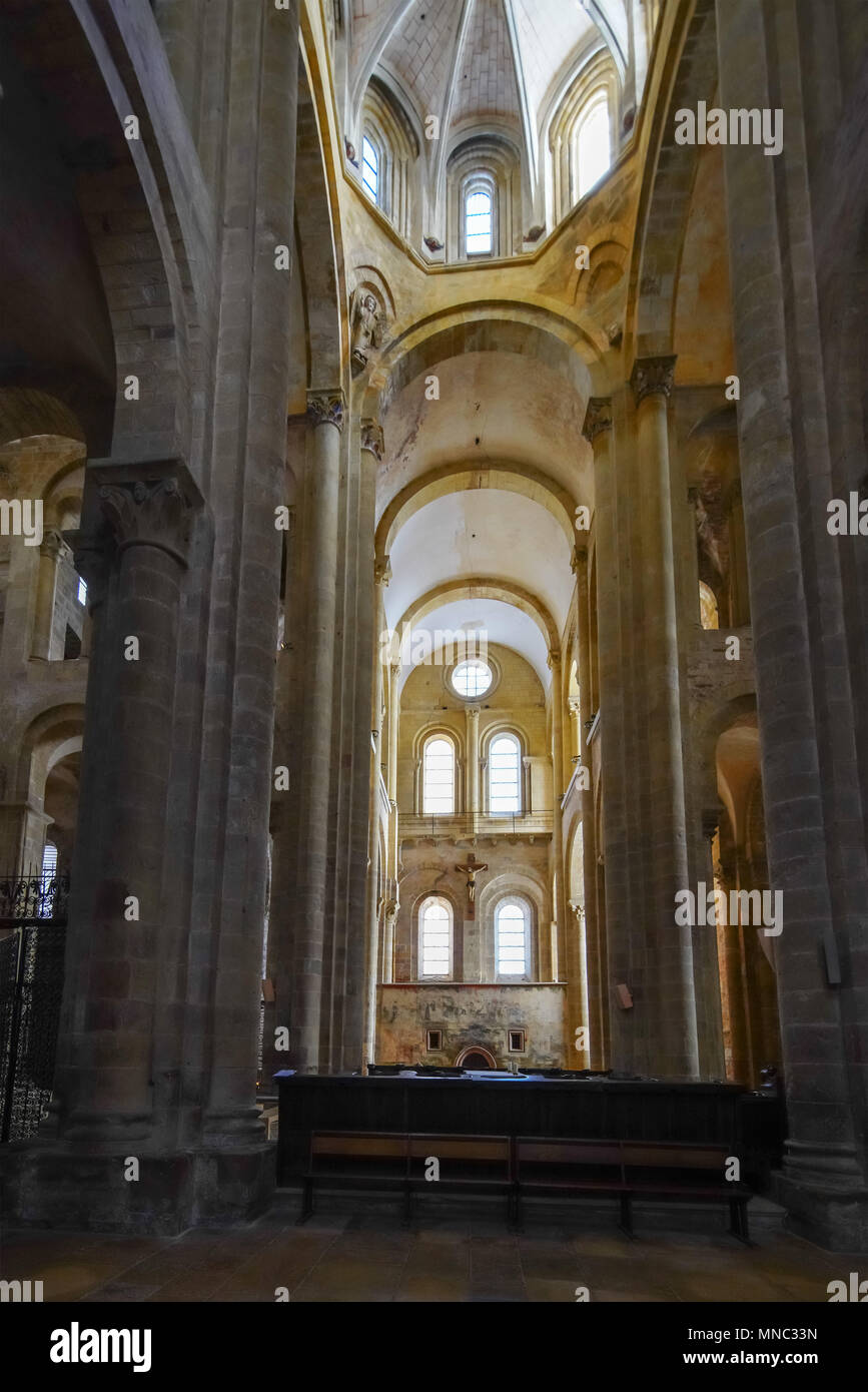 Interior of romanesque church in abbey Sainte-Foy in Conques, Occitanie ...