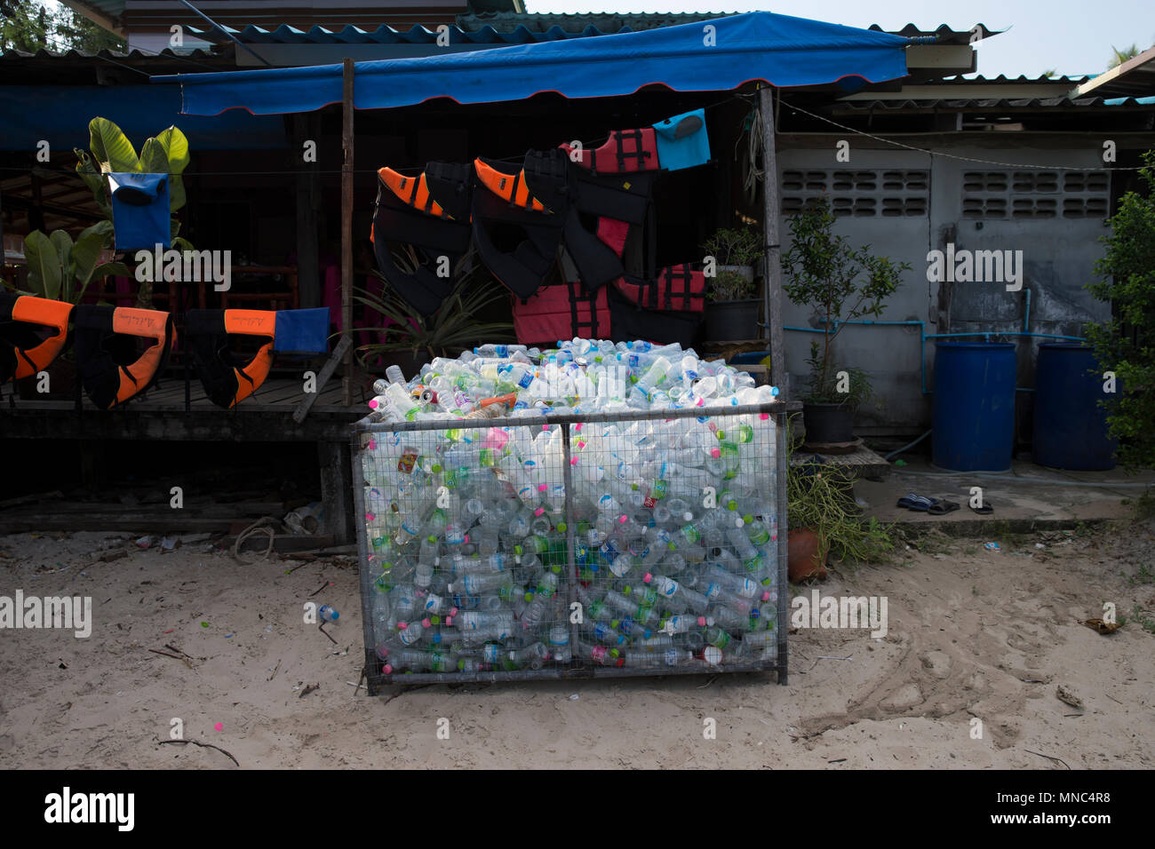 Plastic water bottles are collected in a huge container before being ...