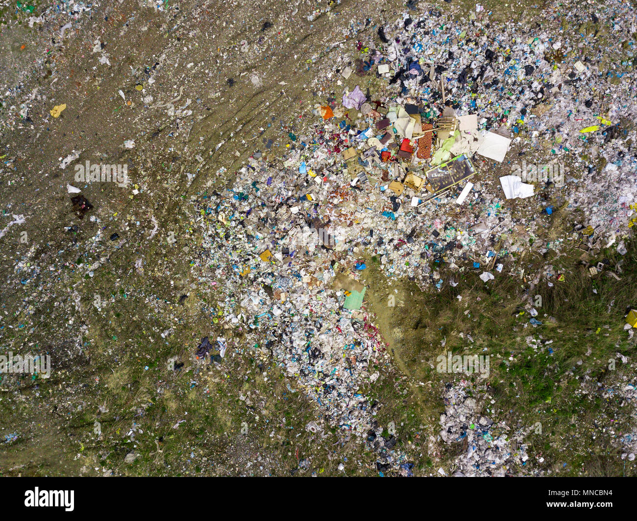 Helicopter drone shot. Aerial photography is a modern urban dump ...