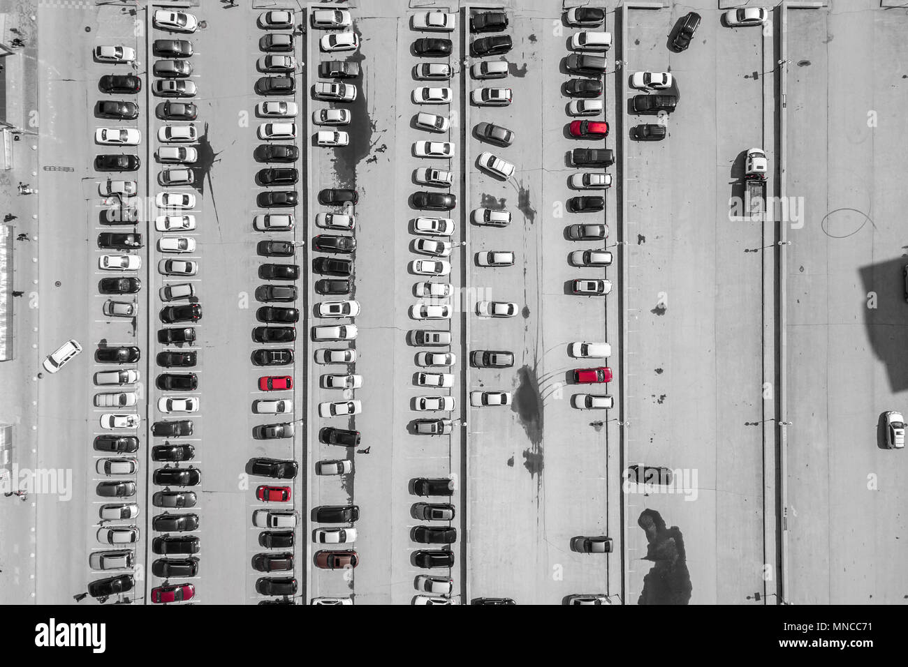 Aerial top view of parking lot with many cars from above ...