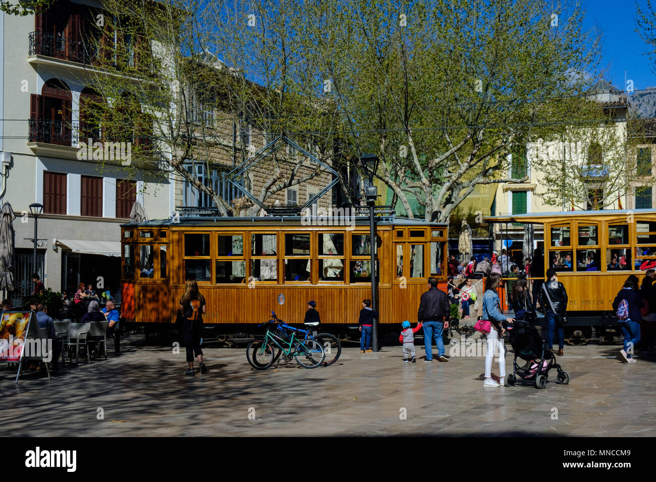 The main square in the town of Soller on the Spanish island of Mallorca ...
