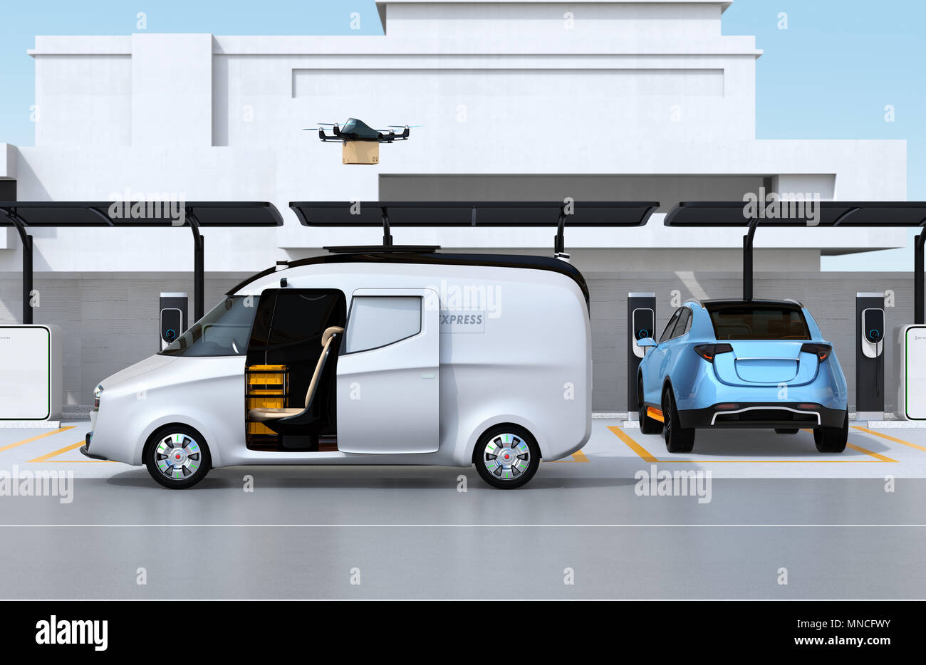 Drone takes off from delivery van to delivering parcel. Last one mile ...