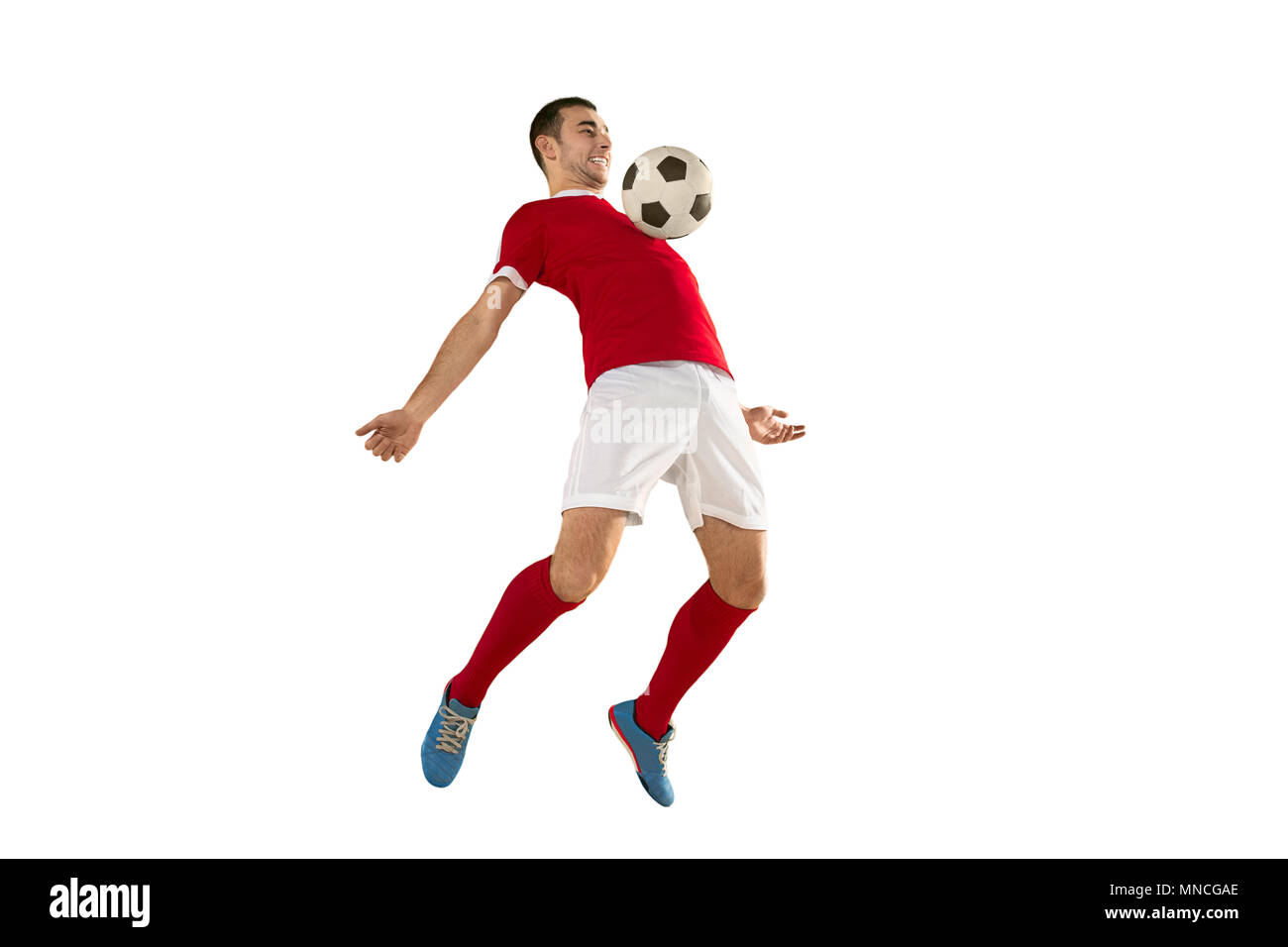 Professional football soccer player in motion isolated white studio ...