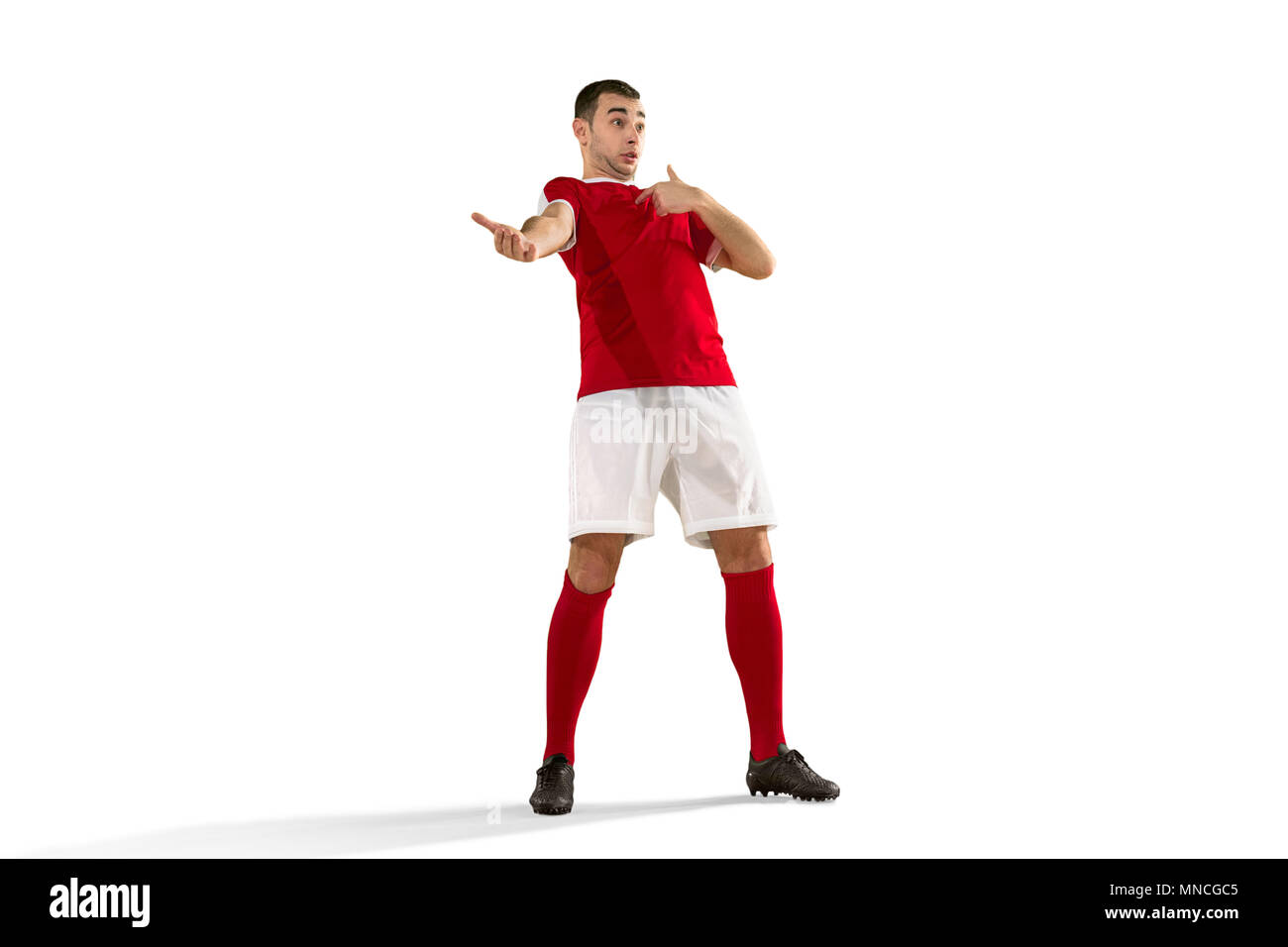 Professional football soccer player standing isolated white studio ...