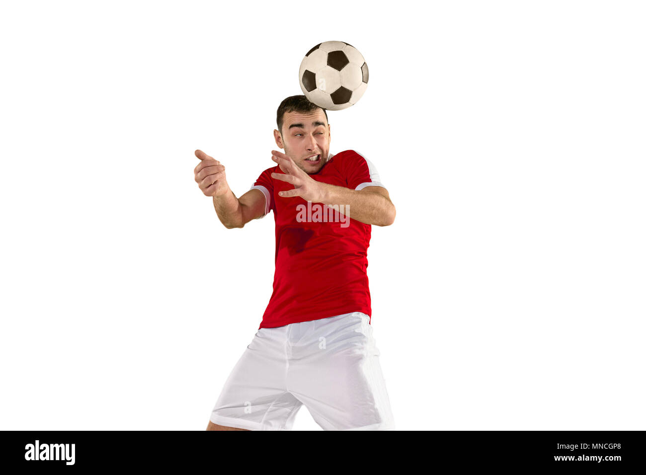 Professional football soccer player in motion isolated white studio ...