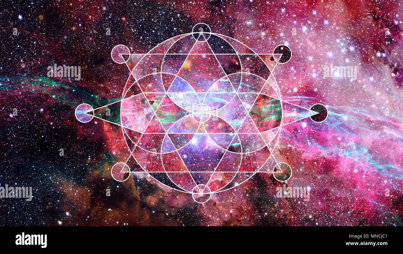 Abstract cosmos geometric background with polygons, triangles, stars ...