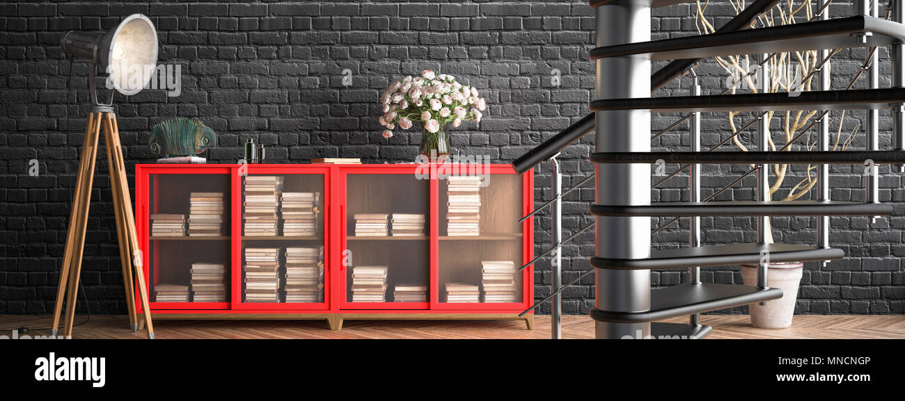 Hipster Loft Interior Background, 3D render Stock Photo - Alamy