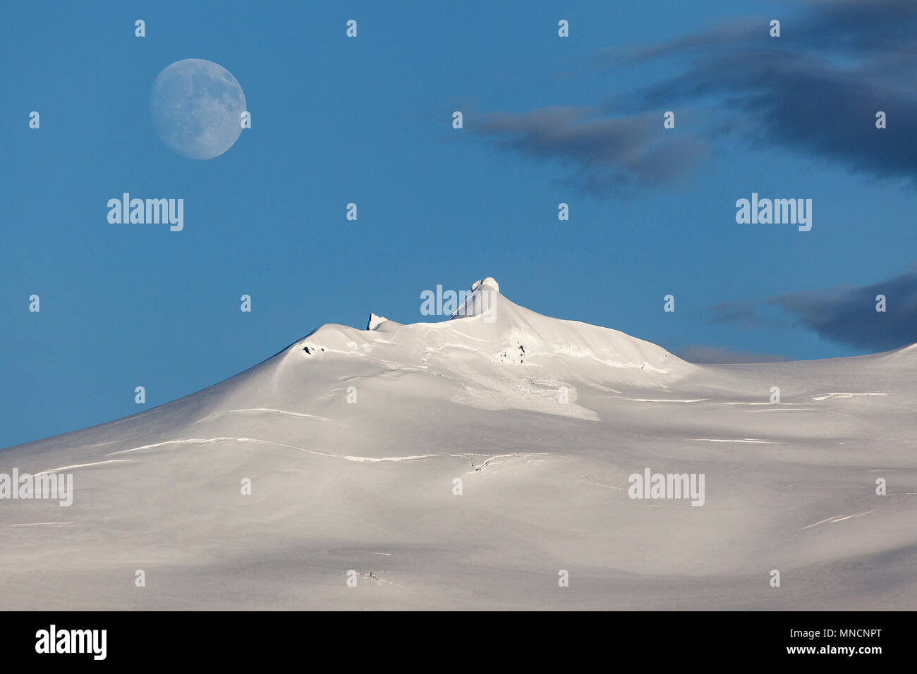 Snow-covered Snæfell volcano with Snæfellsjökul glacier and full moon ...