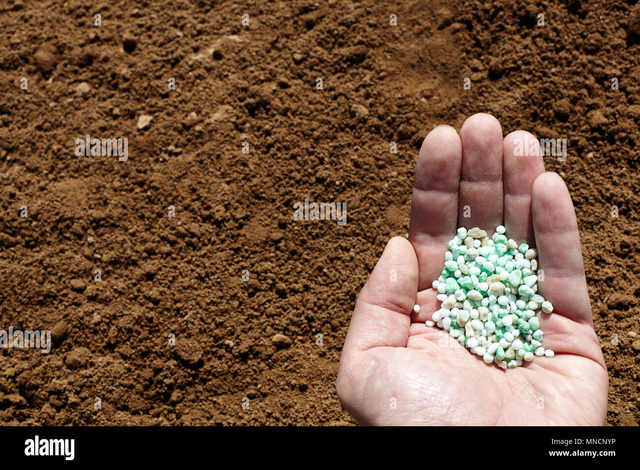 Hand holding chemical fertilizer on soil background Stock Photo - Alamy