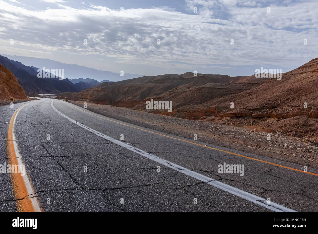 Asphalt road in desert Negev, Israel, road 12, transport infrastructure ...