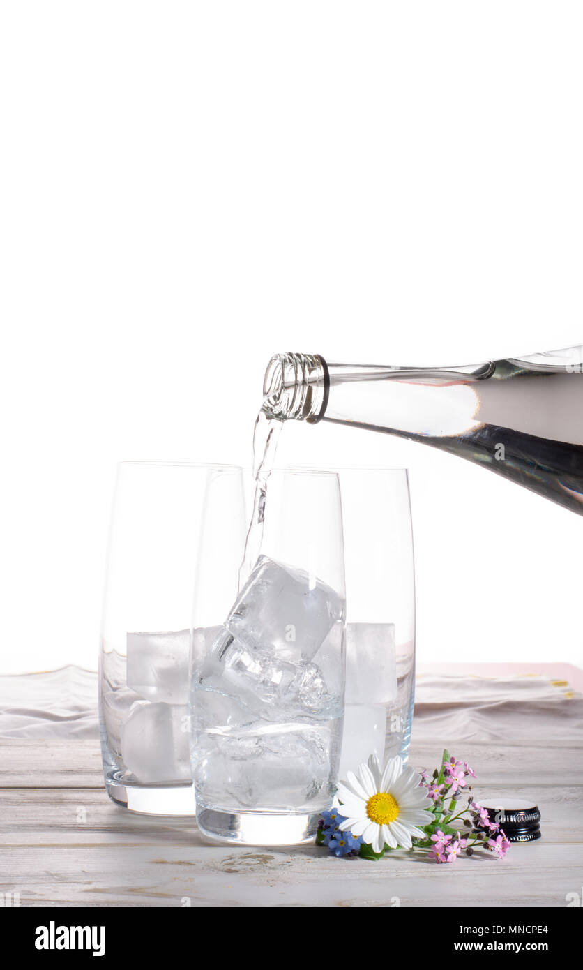 Pouring of stil mineral drink water in glasses with ice cubes copy space Stock Photo - Alamy