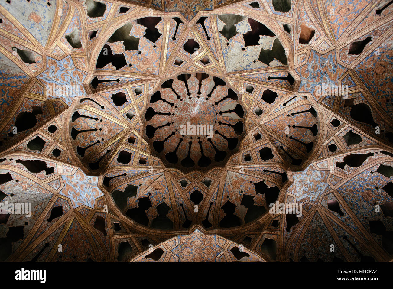 Isfahan, Iran - October 16, 2017: Beautiful ceiling inside the Ali Qapu ...