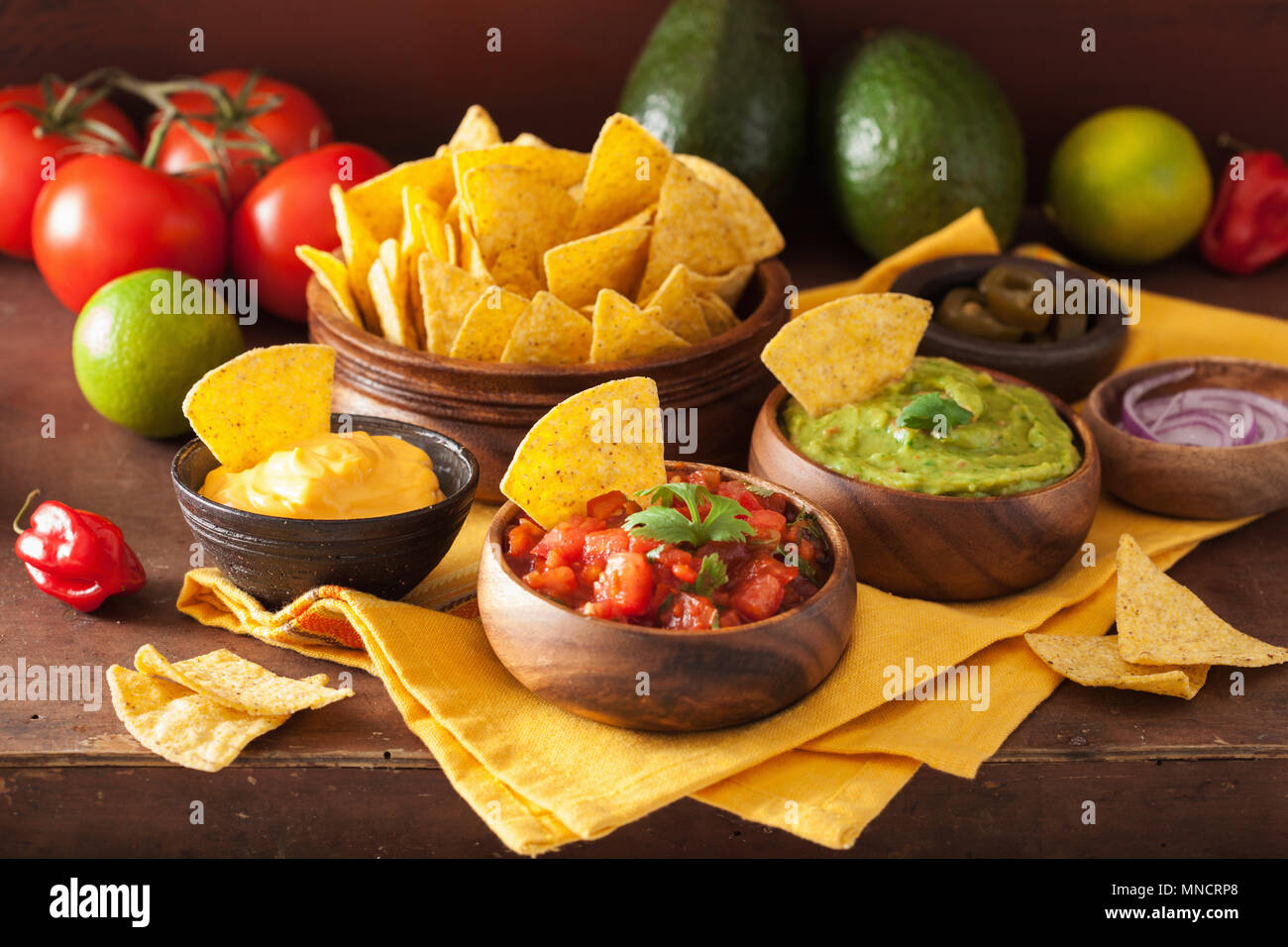 mexican nachos tortilla chips with guacamole, salsa and cheese dip ...