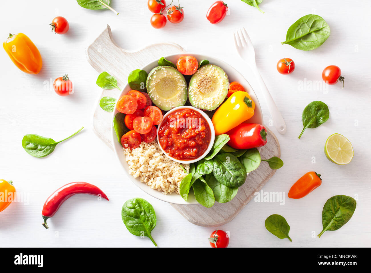 vegan buddha bowl. healthy lunch bowl with avocado, tomato, bell ...