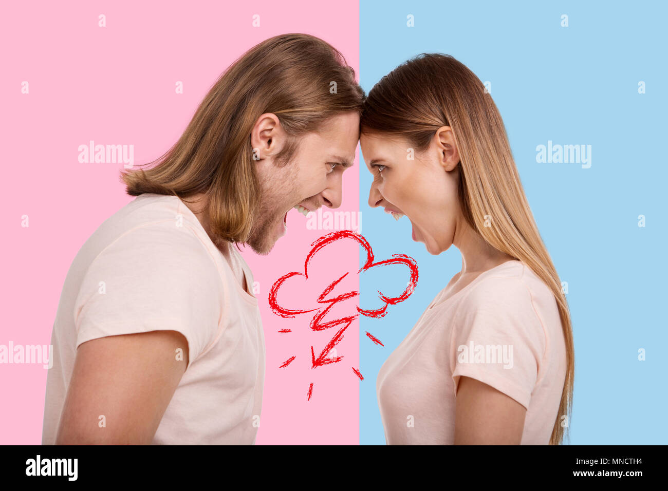 Profile of furious couple screaming at each other Stock Photo - Alamy