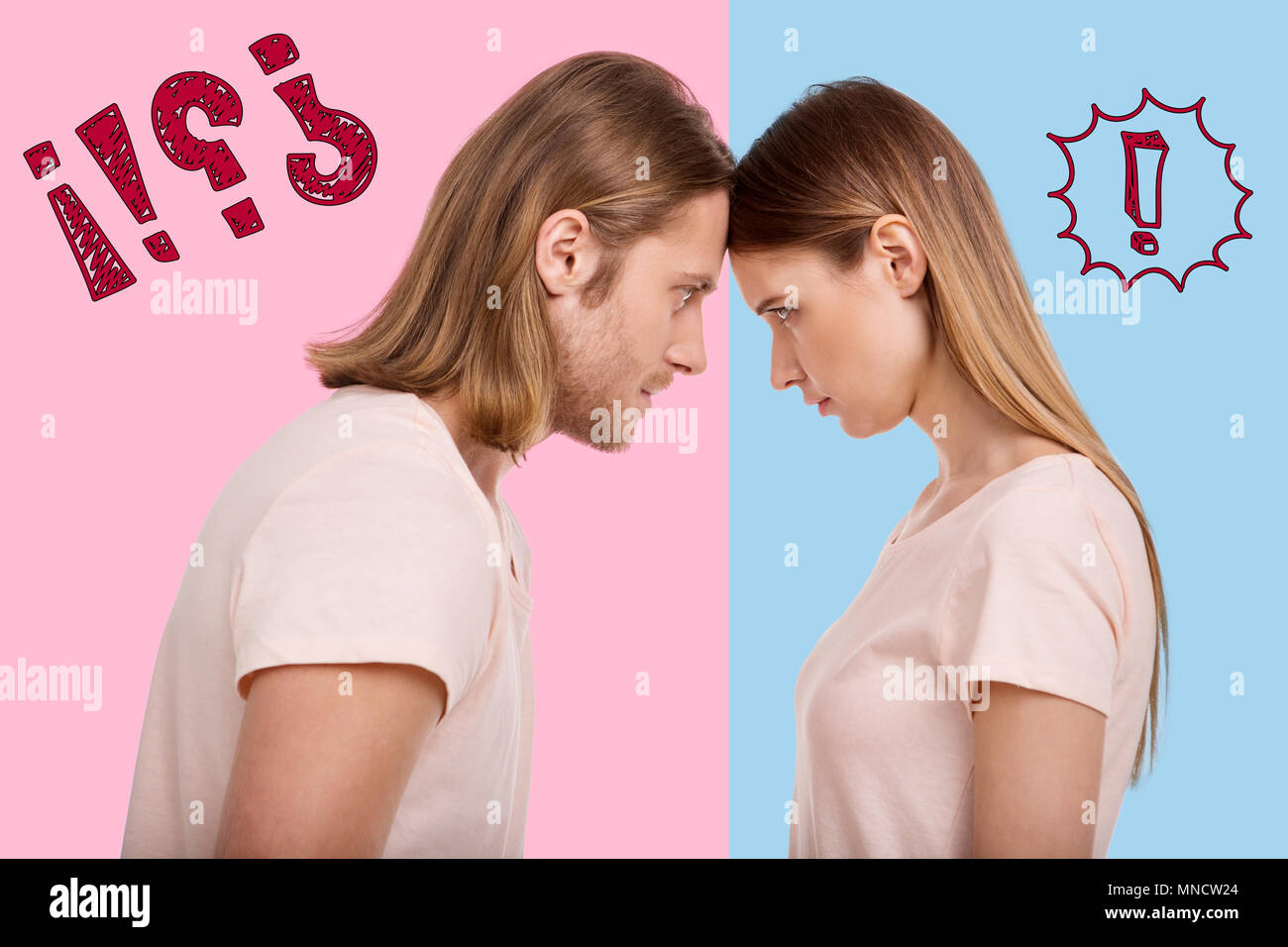 Angry young people touching their foreheads and looking stubborn Stock ...