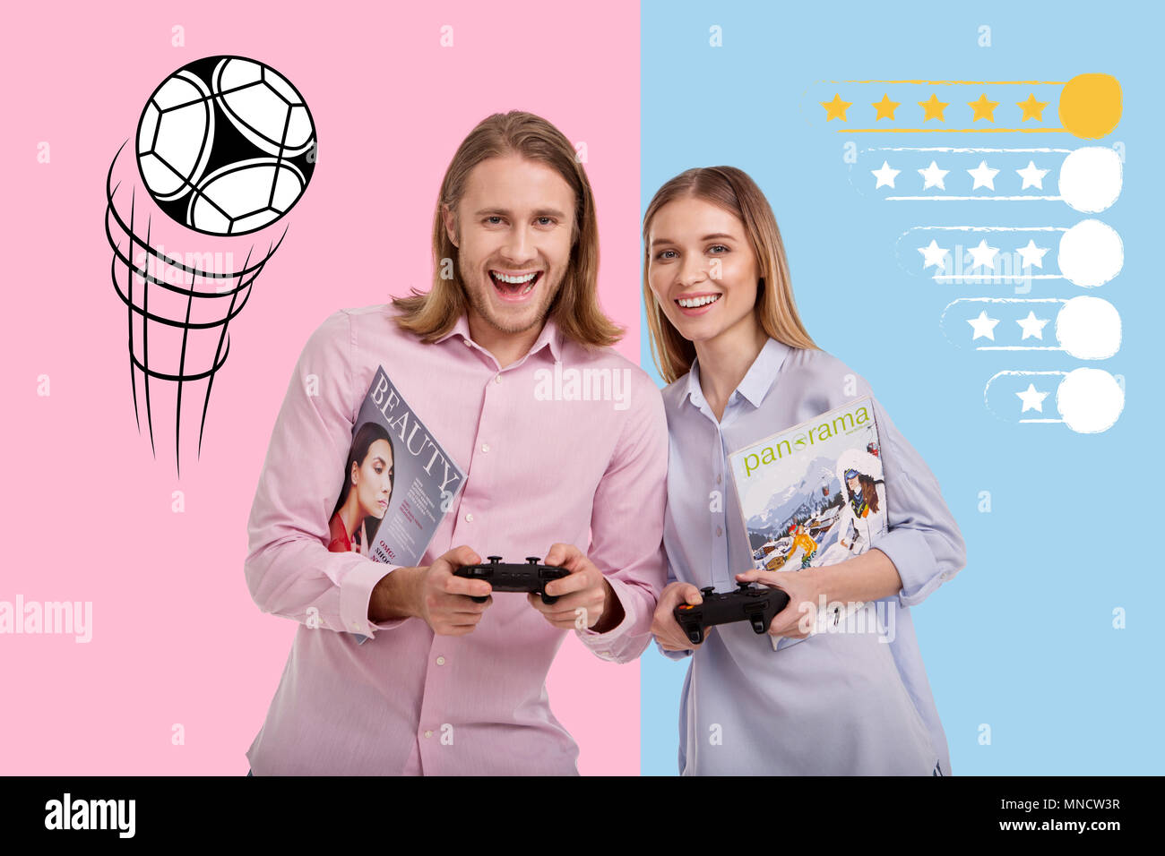 Enthusiastic players holding game consoles and smiling Stock Photo - Alamy
