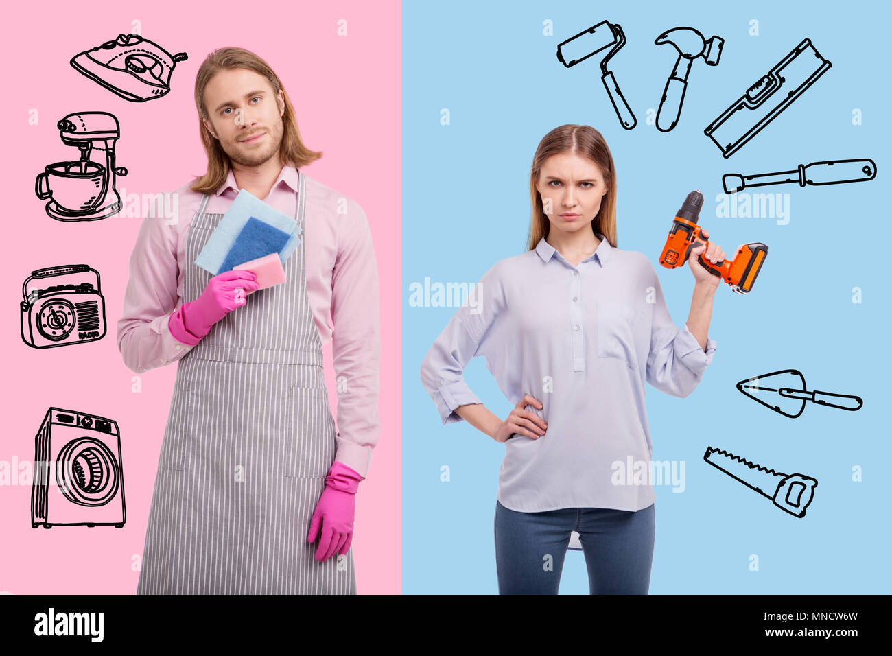 Unusual couple changing gender roles and looking satisfied with it ...