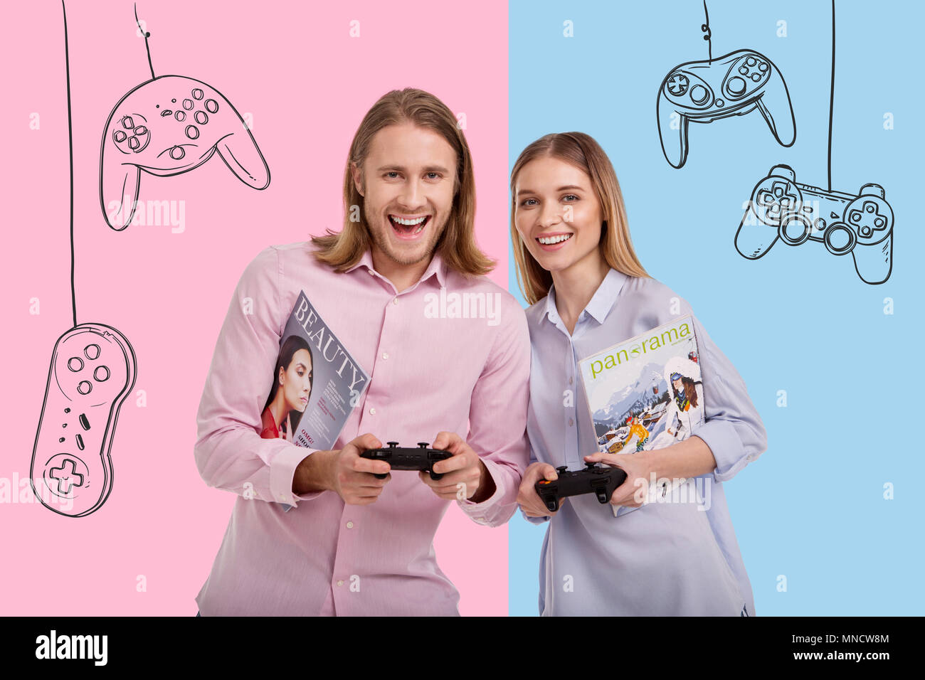 Positive young people feeling happy while playing video games Stock ...