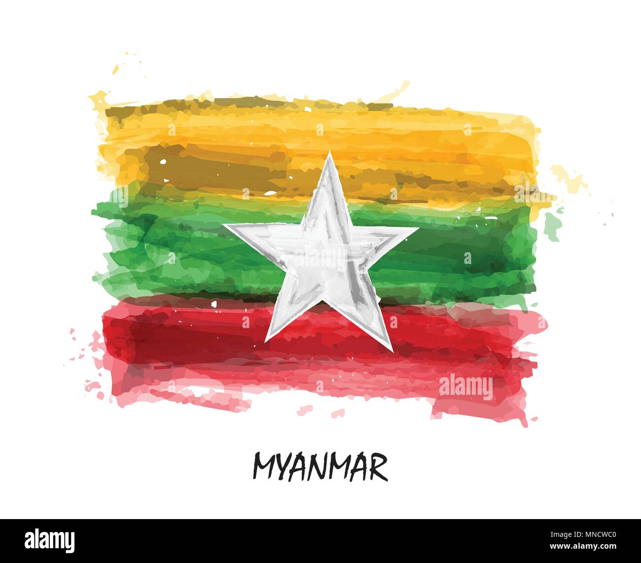 Realistic watercolor painting flag of Myanmar ( Burma ) . Vector Stock ...