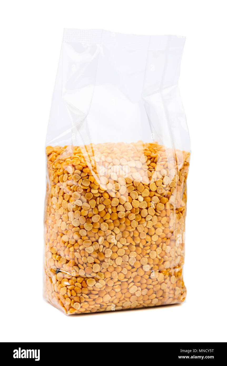 Mung beans or lentils in a transparent package isolated on a white ...