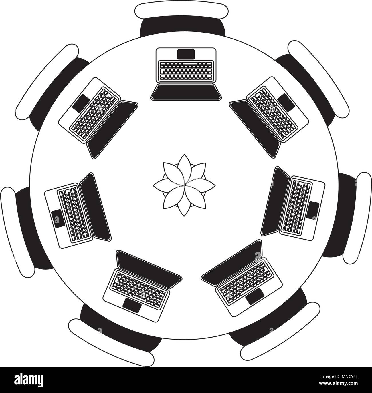 workspace meeting round table chairs laptops computer vector ...