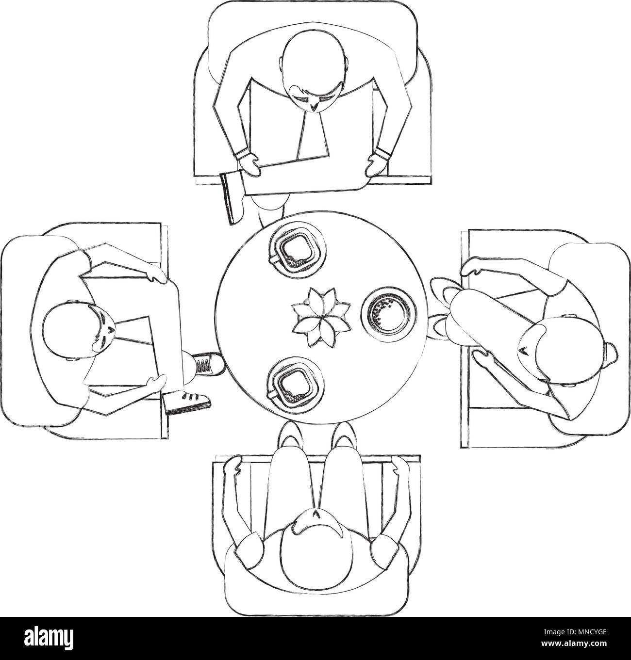 people business meeting drinking coffee on the round table in top view ...