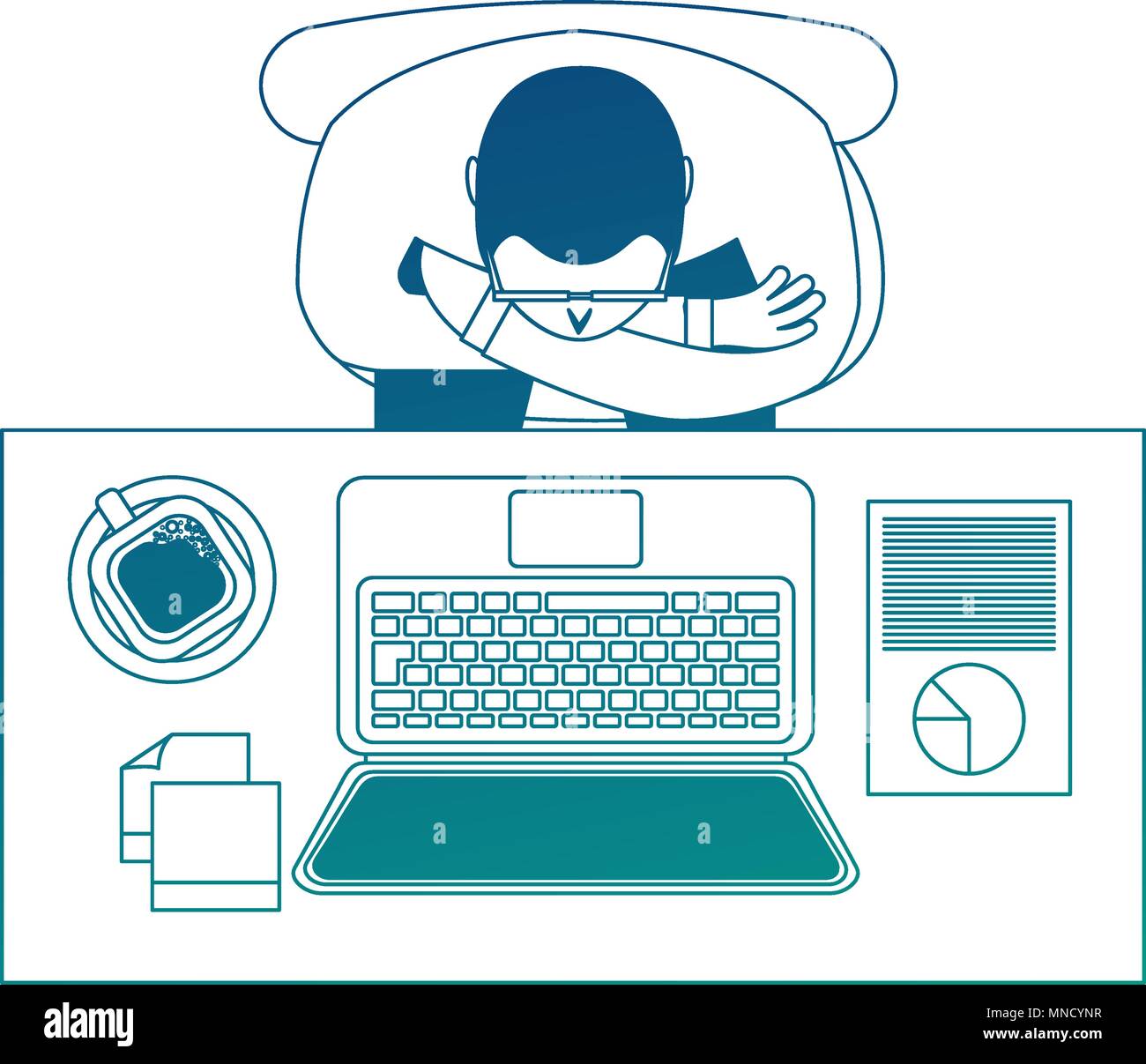 aerial view of man working with computer and office objects vector ...