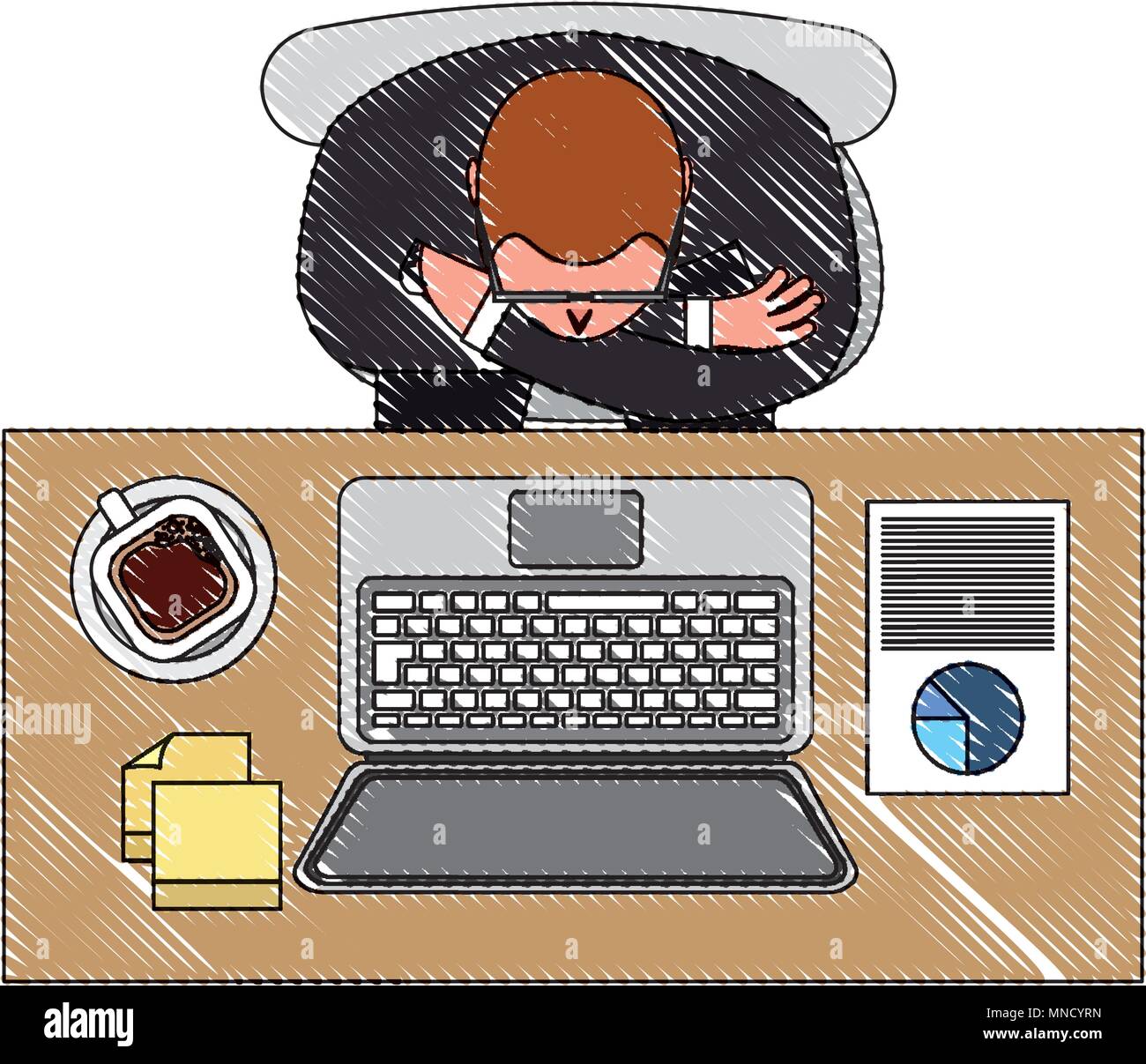 aerial view of man working with computer and office objects vector ...