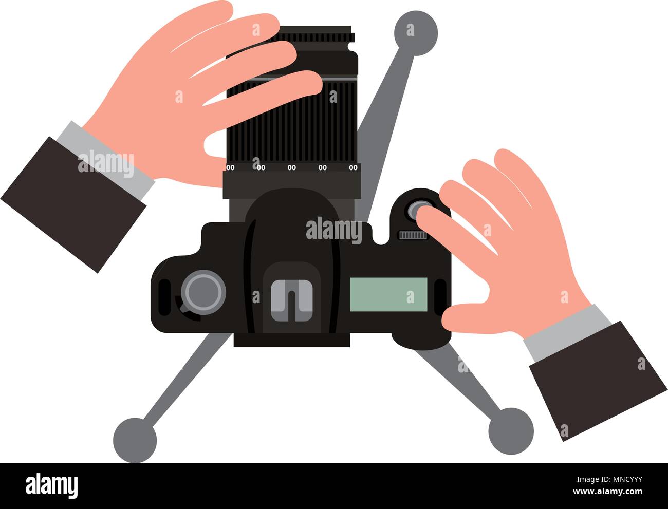 hands holding camera in tripod top view vector illustration Stock ...