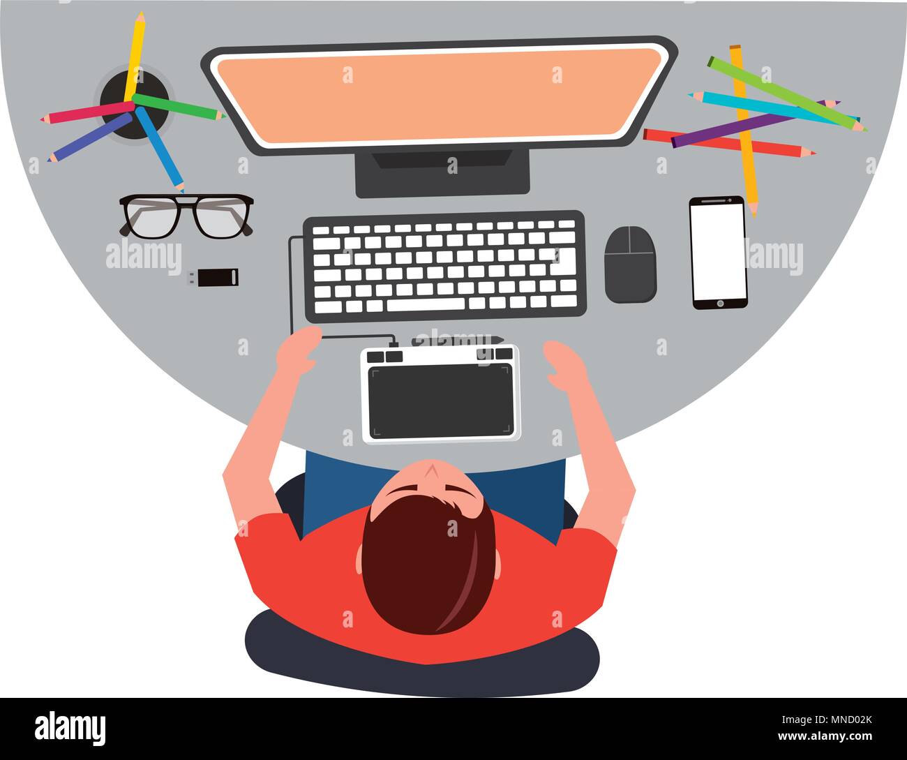 top view young man designer working computer tools at desk vector ...