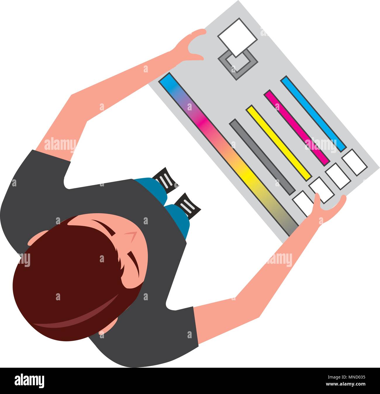 top view standing young man designer holds color palette vector ...
