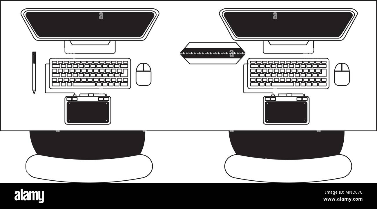 aerial view of desk with laptops computer and chairs office Stock ...
