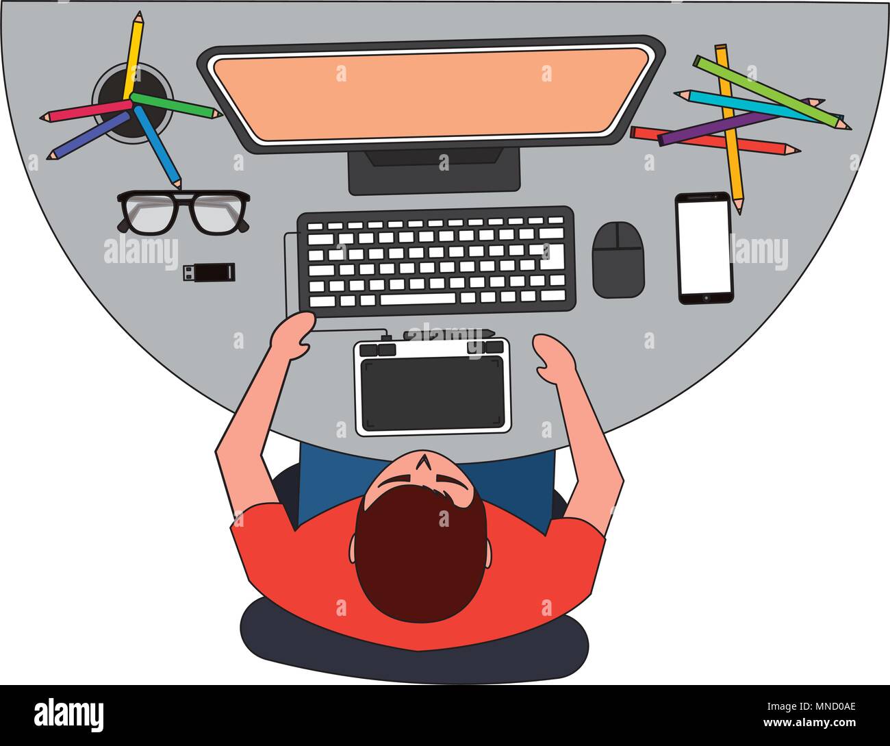 aerial view of graphic designer working with computer Stock Vector ...