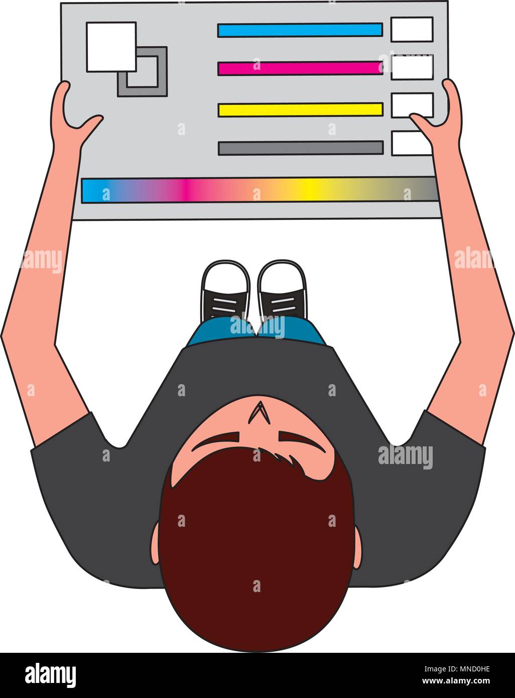 young man designer holding menu palette color top view Stock Vector ...