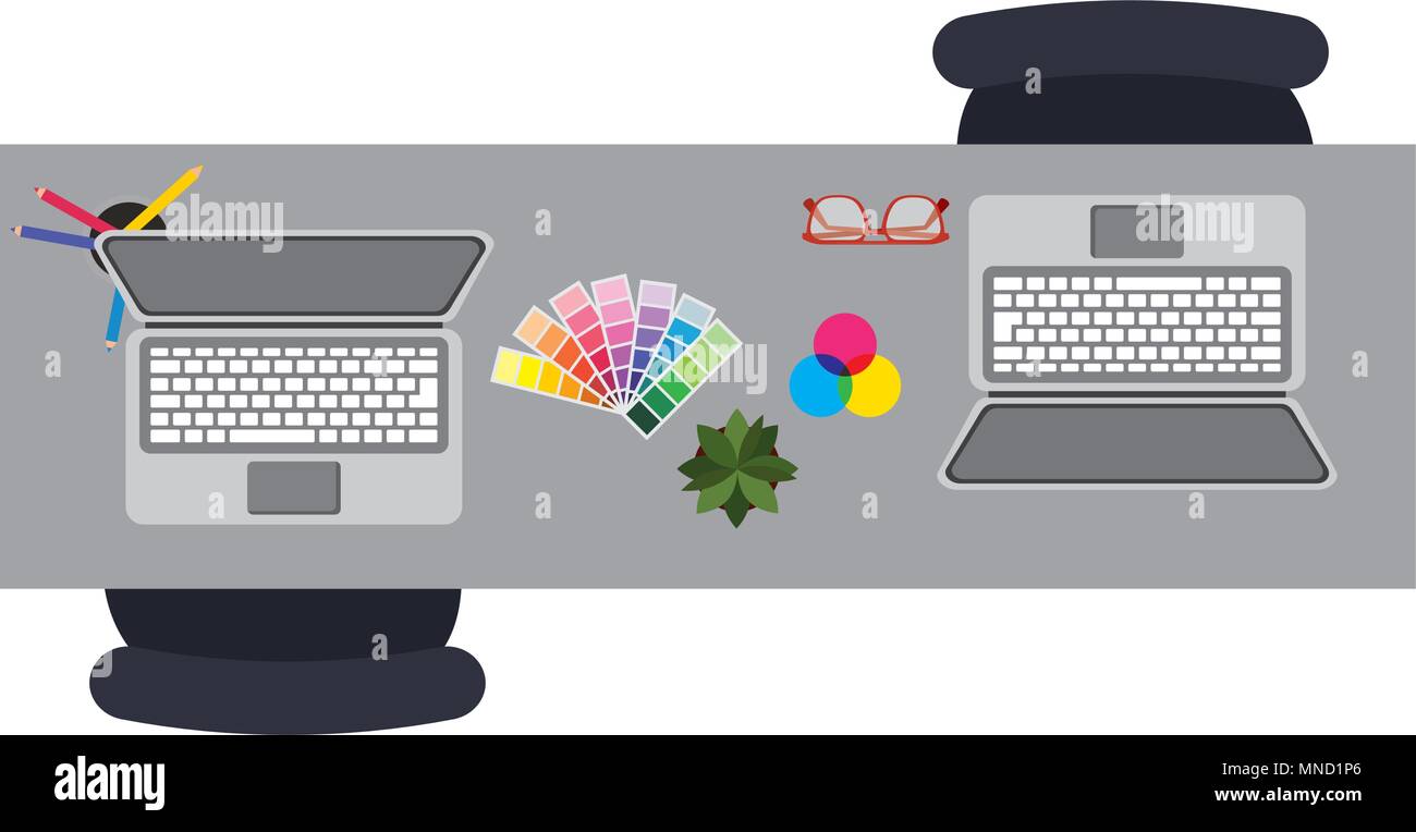 aerial view of desk with laptops computer and objects Stock Vector ...