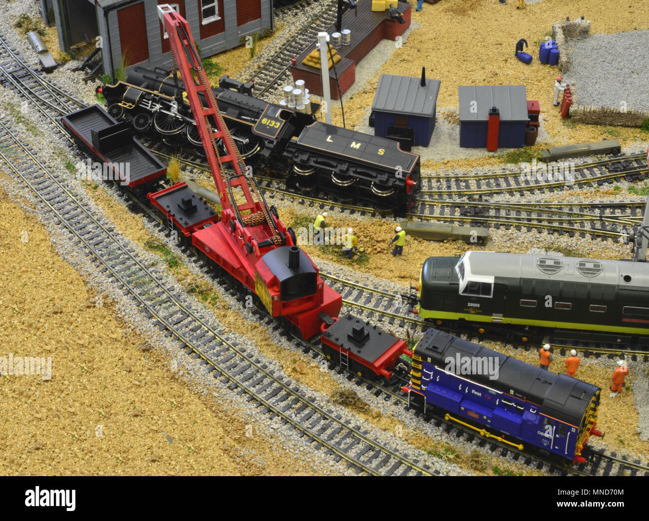 A mock up of a railway accident in 00 scale Stock Photo - Alamy