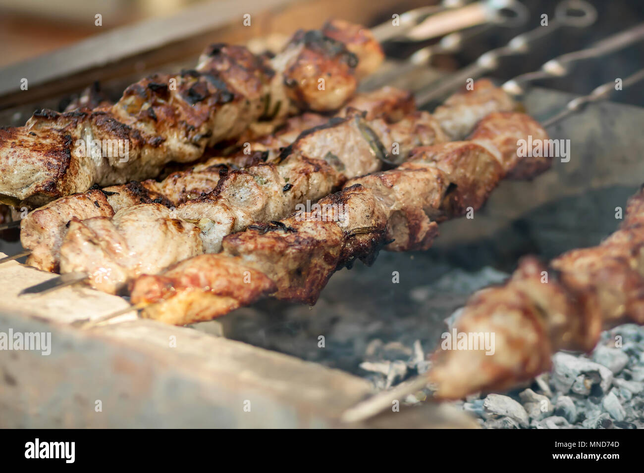 Tasty shish kebab cooking process close-up Stock Photo - Alamy