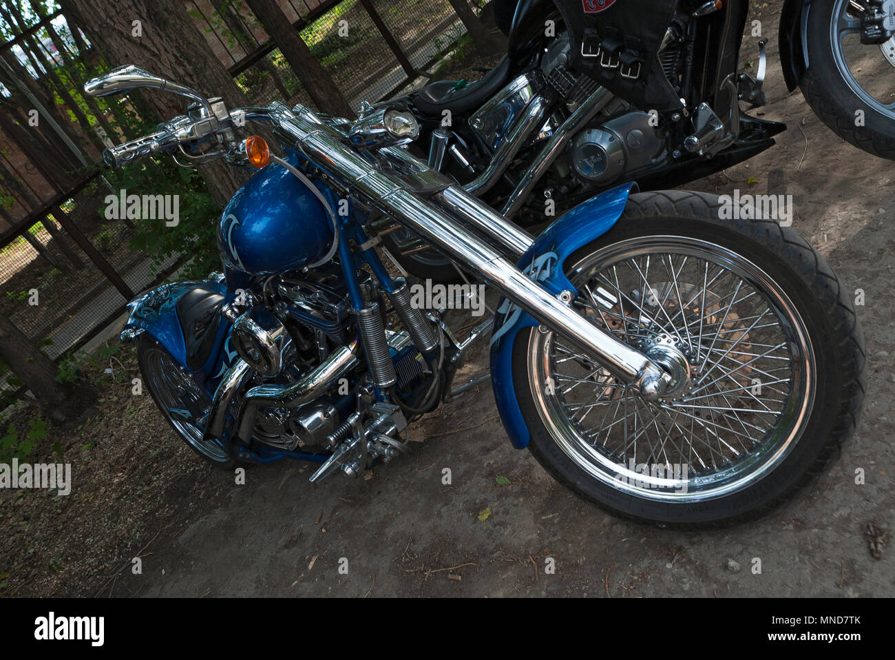 Motorcycle chopper. Blue motorcycle hand assembly. Motorcycle of Russia ...