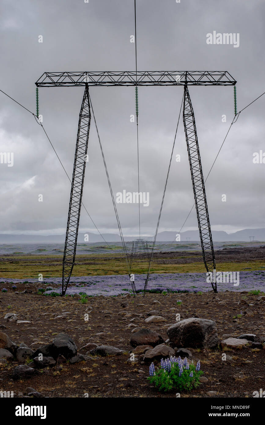 Electricity pylon on field against cloudy sky, Highlands, Iceland Stock ...