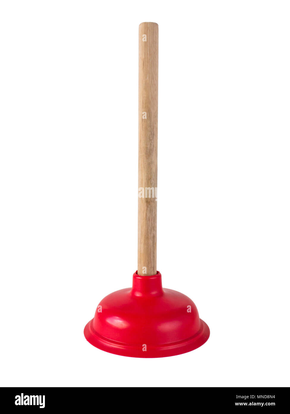 Bright red rubber plunger with wooden handle isolated on white Stock ...