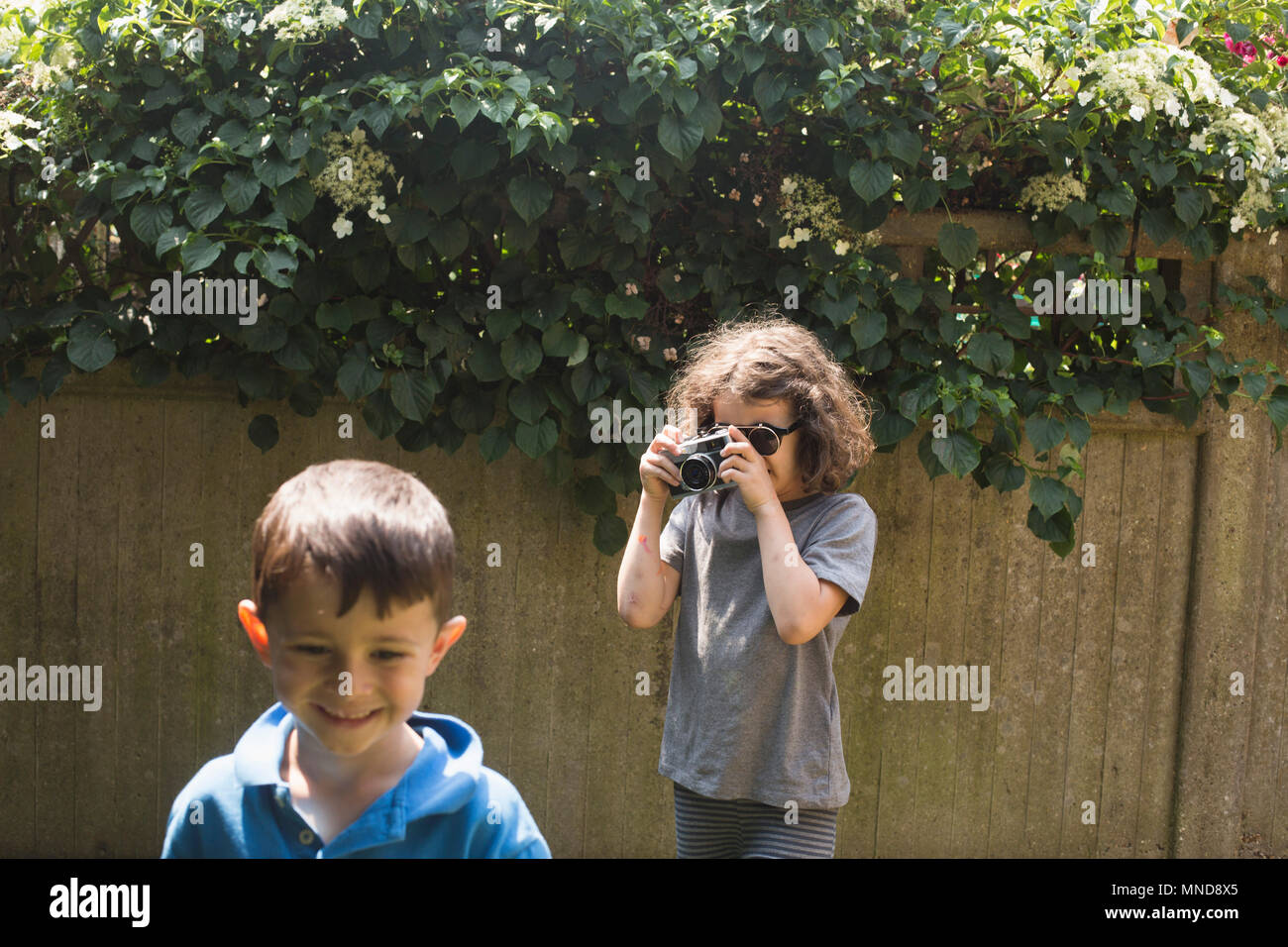 Girl photographing friend in back yard Stock Photo - Alamy