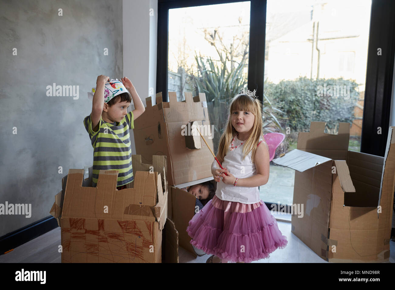 Children wearing costume playing with cardboard boxes against window ...