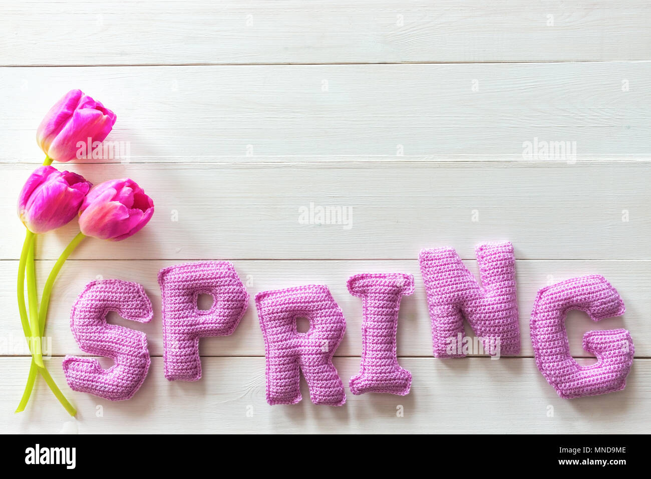 tulip floweres and spring word from knitted letters Stock Photo - Alamy