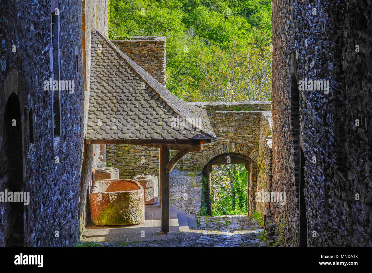 Streets in beautiful and picturesque medieval town Conques, Occitanie ...
