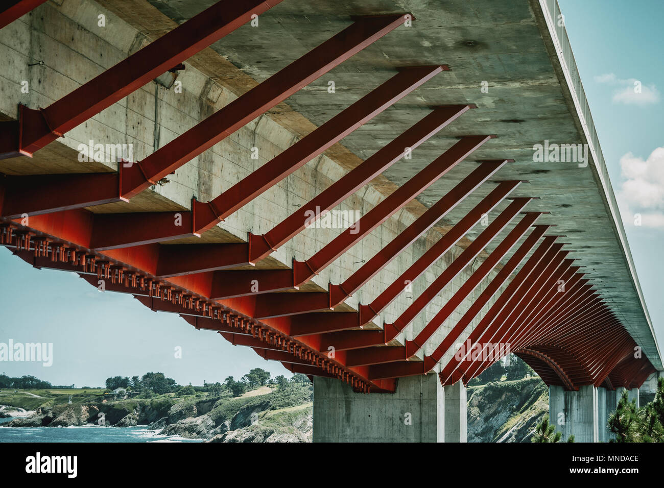 Bridge with red and white construction in Ribadeo, Lugo, Spain Stock ...