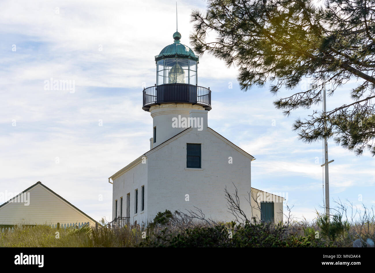 Old Point Loma Lighthouse - A close-up low-angle full view of over ...