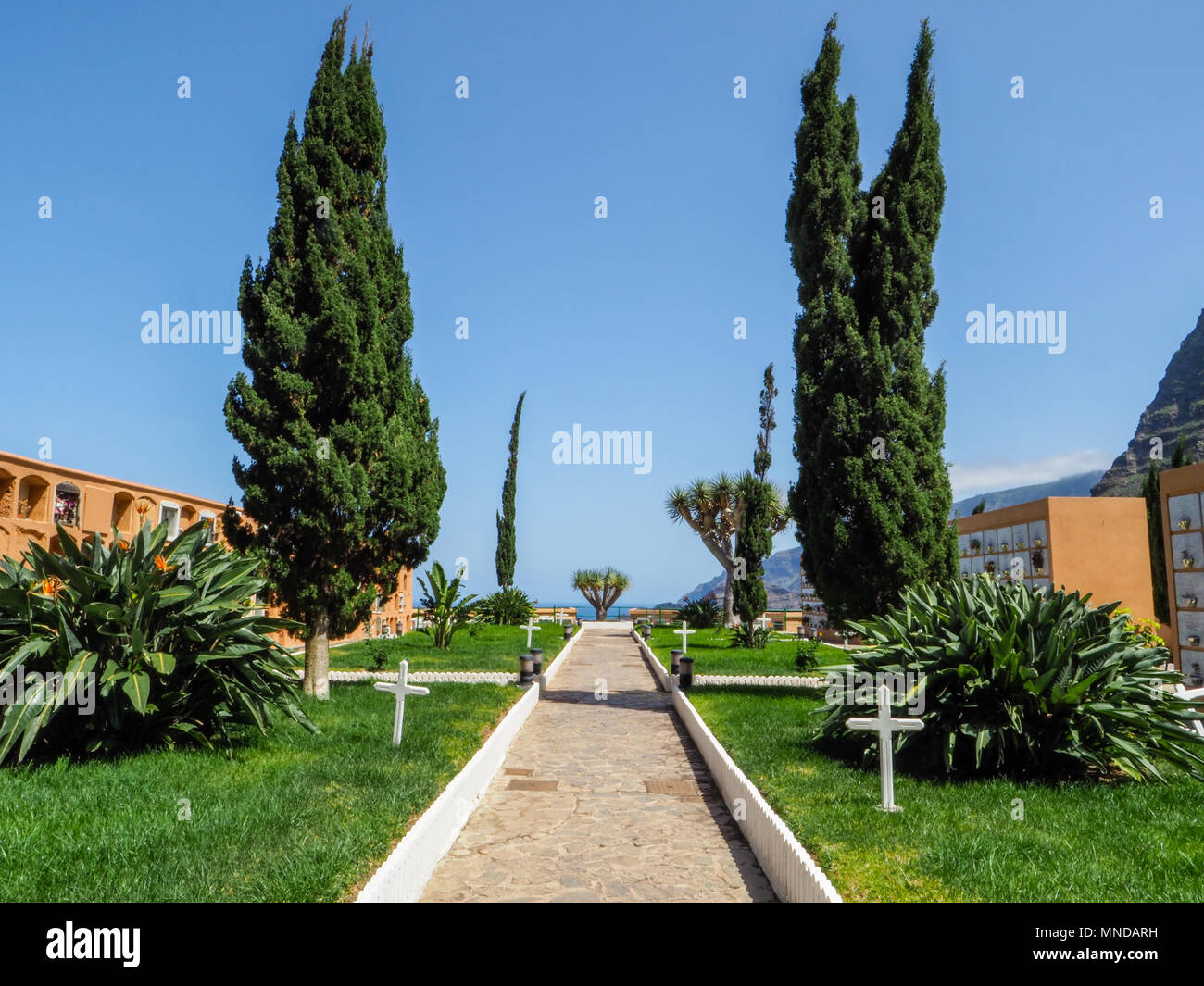 Cemetery with cypress trees and wall graves in the village of Agulo on ...