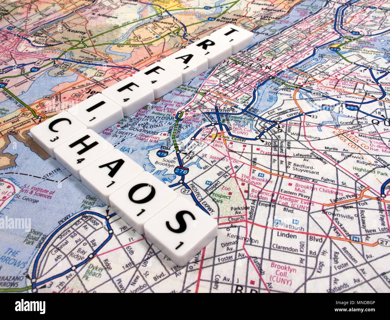 representation of traffic chaos in New York resulting in delays and ...